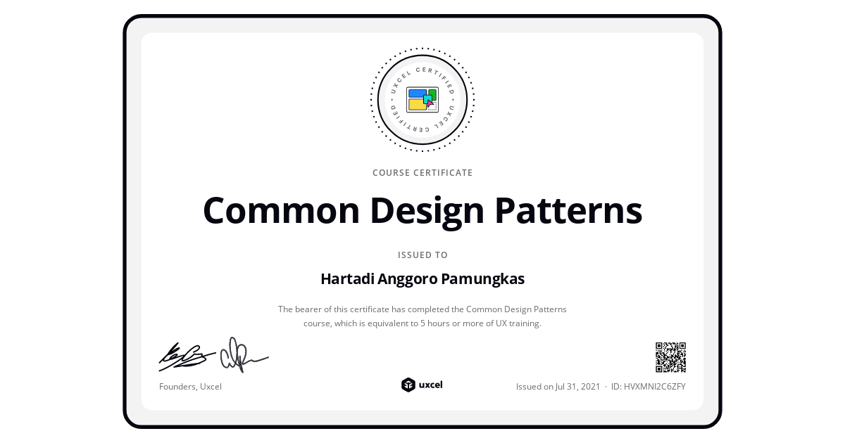 Certificate of completion for Common Design Patterns | Uxcel